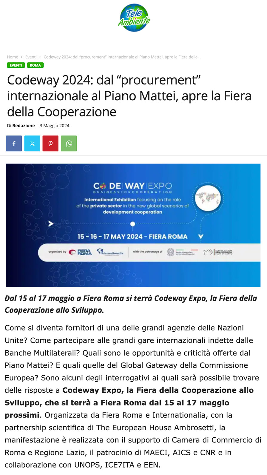 Tele Ambiente - Codeway 2024: dal “procurement” internazionale al Piano Mattei, apre la Fiera ...